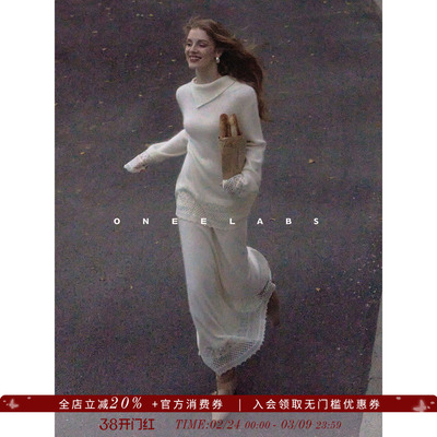 ONEELABS原创品牌 兔毛羊毛混纺 蕾丝刺绣拼接 毛衣半身裙套装女