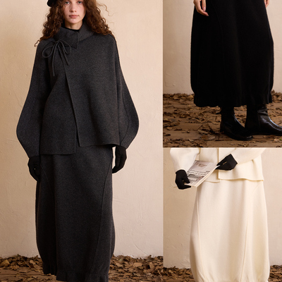 NOEND设计系列绵羊毛立体剪裁慵懒厚实松紧腰花苞半身裙