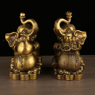 象吸一对24075水卷大鼻象财富坐地铜葫芦象铜器