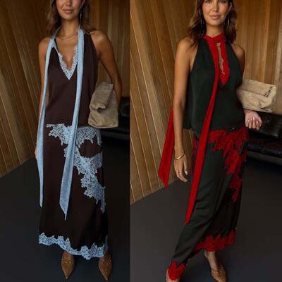 Women Summer 2 Piece Outfits Stylish Lace Patchwork
