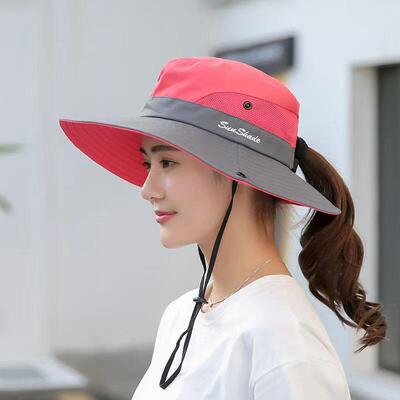 Womens UV Protection Hat Foldable Wide Brim Ponytail Hole