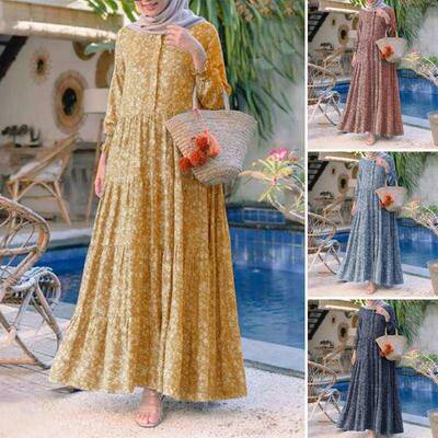 Ditsy Floral Print Long Sleeve Tunic Modest Style Dress