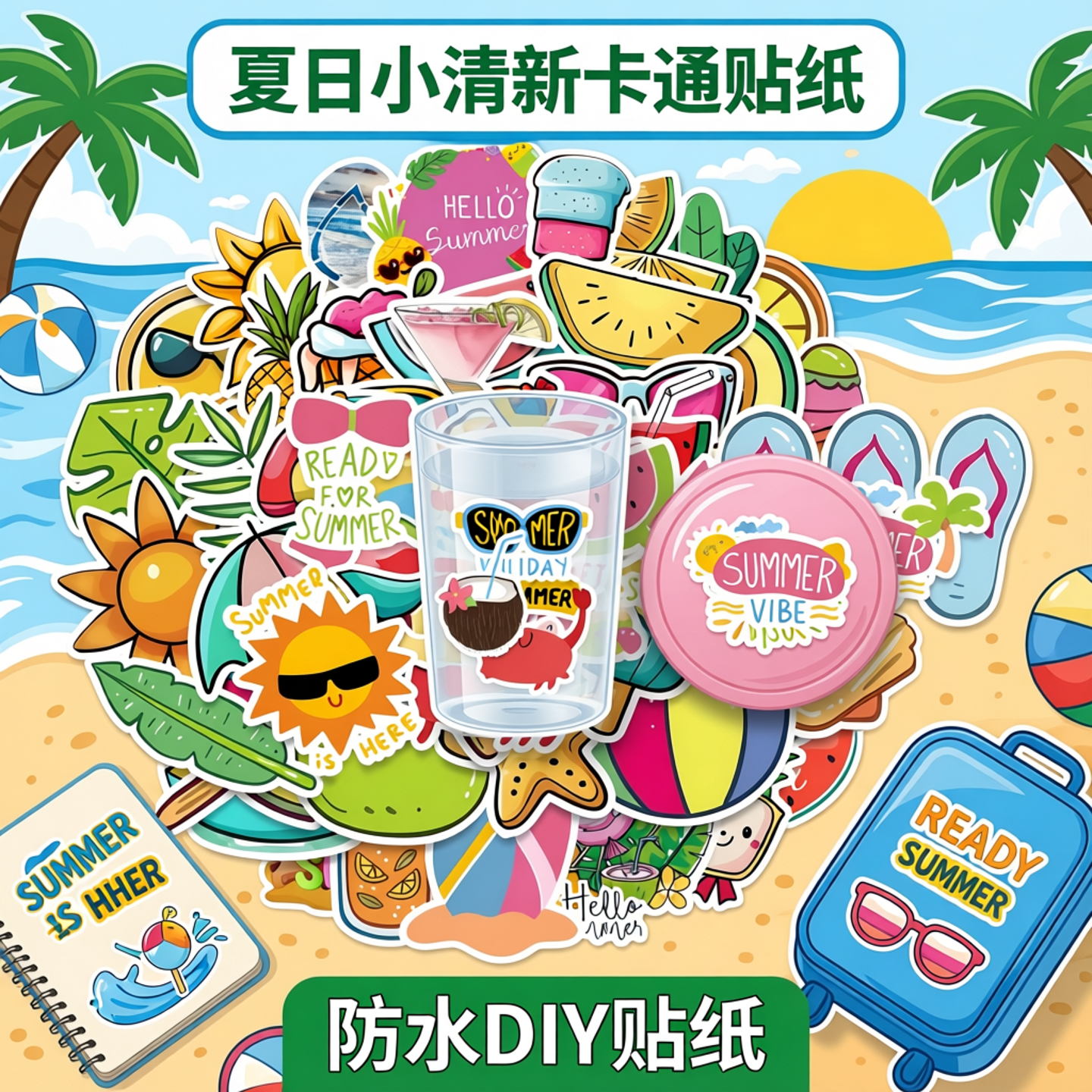 50张夏日小清新summer卡通文具贴纸装饰水杯收纳盒储物箱充电宝行李箱笔记本手机壳桌面墙面遮丑防水diy贴纸