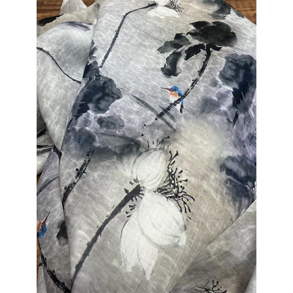 布久以逅麻料苎麻染墨印花面料半身裙袍子汉服连衣裙布料新 染墨