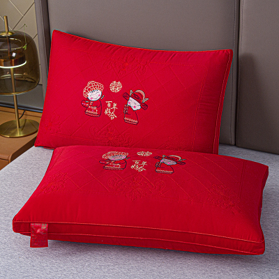 结婚枕头一对装大红色喜庆婚庆48x74cmK全棉刺绣新婚洞房嫁妆枕芯