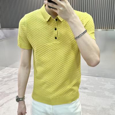 潮牌纯色格短袖POLO衫男夏季感针织痞帅翻领T恤薄款半袖体恤