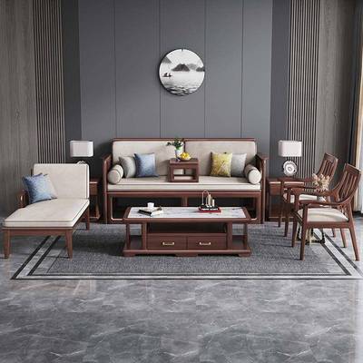 新实木推拉罗床中式胡桃木42273桌椅组合小户型茶汉沙发床两用客