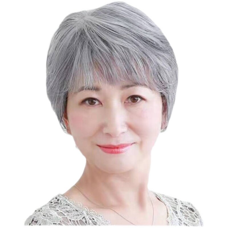 女士花白假发头发短直发奶奶表演白发发套老人整顶花白真发头套