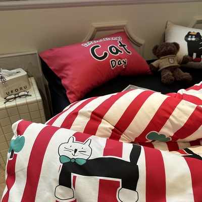 卡通可爱条纹小猫全棉纯棉被套单件150x200x230单人18T0x220cm被