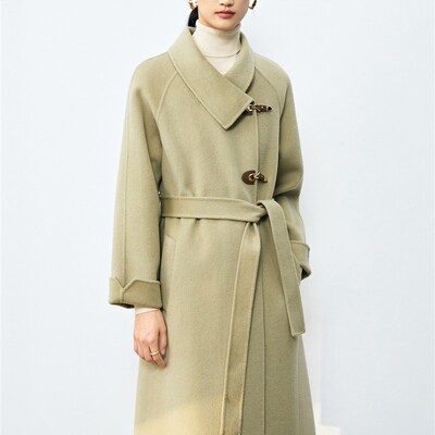 新款复古气质翻领羊毛双面呢大衣女中长款收腰系带外套15104