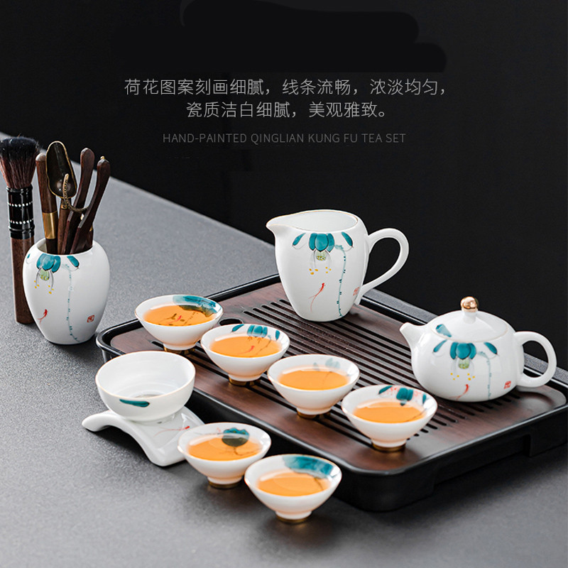 手绘清荷白瓷功夫茶具套装 家用客厅盖碗泡茶杯茶壶送礼高档礼盒
