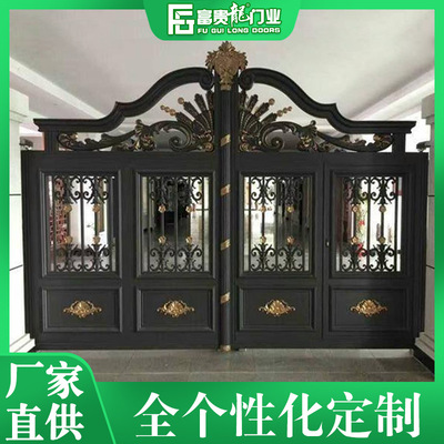 别墅大门欧式庭院门 简约铝艺门电动平开门 厂房铝合金电动折叠门