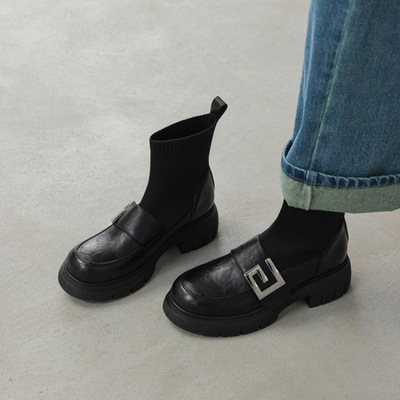 毛线口真皮厚底袜靴弹力瘦瘦靴2025新款英伦风马丁靴女乐福鞋短靴