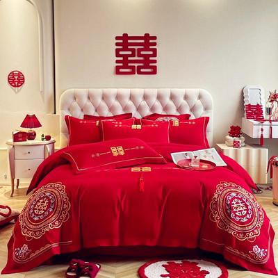新婚刺绣龙被喜AL201208套婚庆大红凤被床单床婚庆陪笠嫁水洗棉四