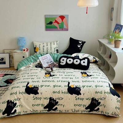 可爱通小童黑猫床四件套全棉儿床53798单简约风成卡人宿上舍三件