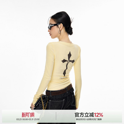 ICH MODE十字印花美式潮流圆领长袖T恤女秋新款复古修身甜酷上衣