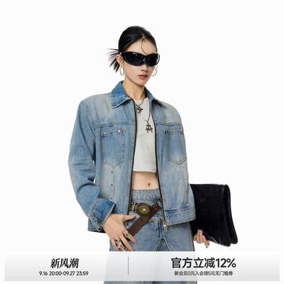 ICH MODE铆钉复古美式秋季新款高级质感牛仔外套水洗短款夹克上衣