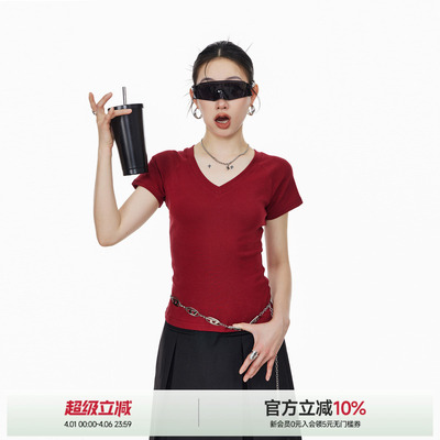 ICH MODE修身美式V领显瘦短袖T恤百搭复古纯色甜酷夏季打底上衣女