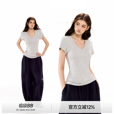 辣妹修身V领短款短袖T恤女