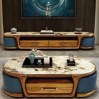 新款乌木大理石方形茶户几电视柜约带凳新CVO中金式轻奢现代简中