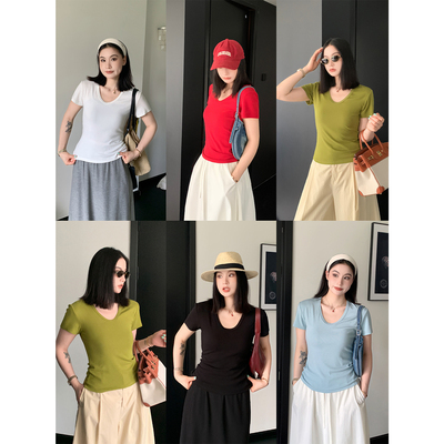 PRASE吕噜噜【打底艺术】夏季微胖显瘦U领正肩短袖上衣针织T恤女