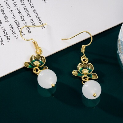 绿色花朵耳坠女轻奢高级感耳环新中式耳钉女小众设计古风旗袍耳饰