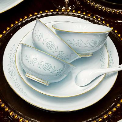 新款景德镇高档中式玲珑青瓷碗碟套装家用釉下彩金边碗盘餐具送礼