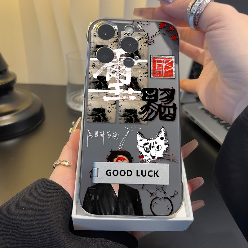 iPhone15带支架高级感苹果13创意硬透明OPPORENO16超薄无边框17ProMax适用14PLUS小众手机壳涂脸易烊千玺周边