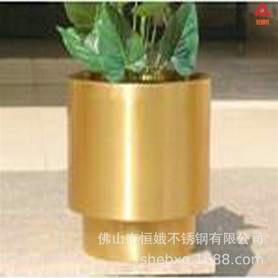 66312 不锈钢金黄色金属花盆 圆柱形带脚花盆 不锈钢花桶