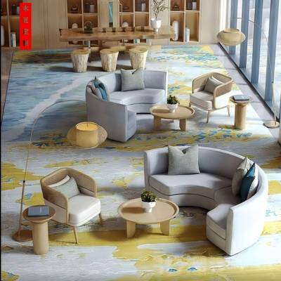 侘寂风酒店大堂弧形接待沙发原木色样板间客厅休闲售楼处洽谈沙发