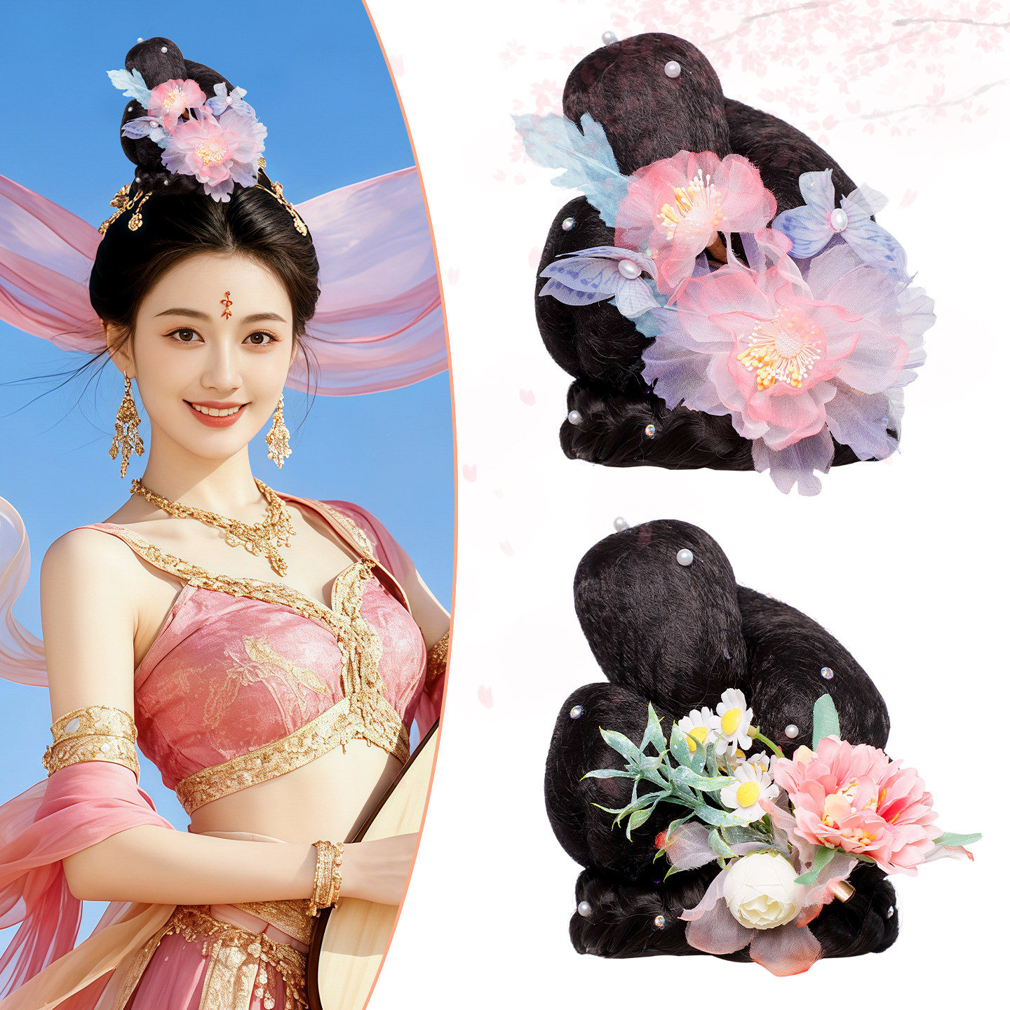 古典敦煌妆造舞蹈发髻发饰套装古装演出百搭假发绢纱花朵头饰配饰