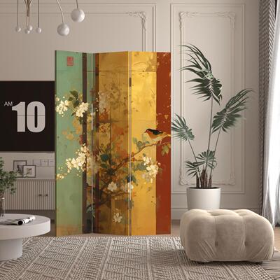 宋代美学中国屏风隔断客厅装饰沙发背景墙可折叠移动阻隔覆古花鸟