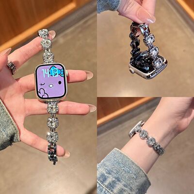 适用苹果AppleWatchSE110Ultra98765432手表带金属可爱凯蒂猫闪钻