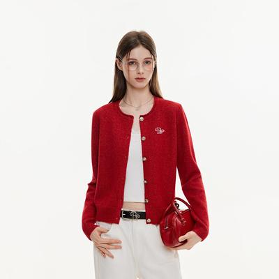 BZXO简约刺绣高级感复古红色针织衫女长袖春秋季新款开衫毛衣外套