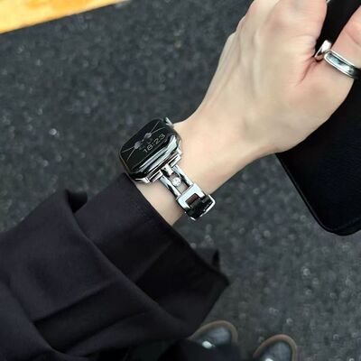 苹果S10适用Applewatch789金属拼皮走珠链条iwatch3456蝴蝶扣表带