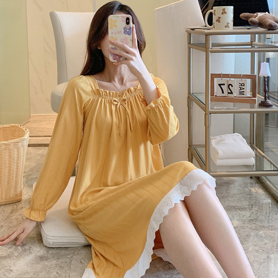 春秋季薄款长袖睡裙女纯棉公主风中长款连体睡衣女休闲宽松居家服