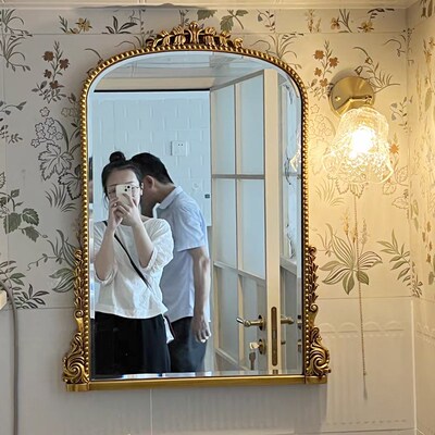 法式浴室镜复古雕花梳妆镜卫生间浴室镜壁挂化妆镜LEDZ灯防雾镜子