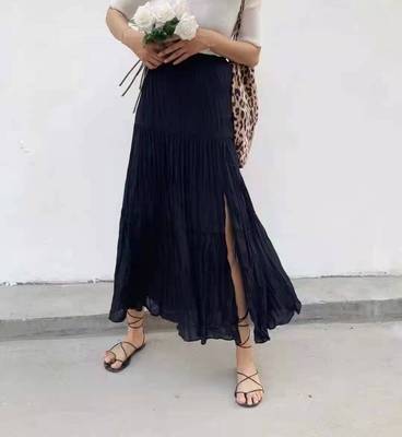 2021夏季皱褶开衩中长裙高腰a字雪纺半身裙裙子蕾丝松紧腰百搭A型