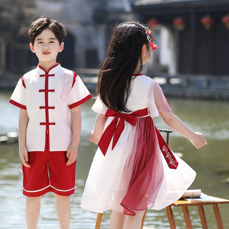 中国风男女孩汉服儿童节套装学生班服幼儿园园服女童连衣裙表演服