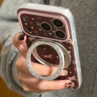 先吉棕底满屏麻将粉色马60旋转支架苹果17promax手机壳iphone161514