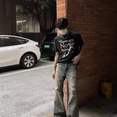 Baseplate 年度牛王手工刀割破洞磨烂做旧水洗微喇直蓝色牛仔裤