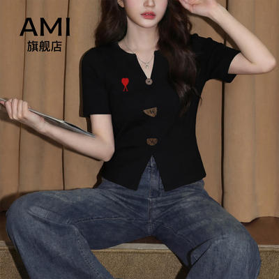 AMI官方黑色V领短袖T恤女夏2026新款不规则开叉显瘦正肩短款上衣