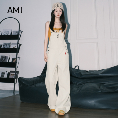 AMI官方美式白色宽松牛仔背带裤女2026春初春新款高腰垂感阔腿连