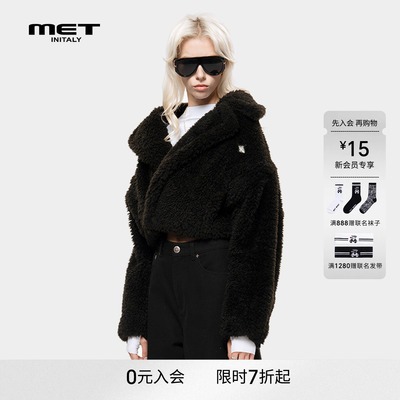 MET initaly黑色毛茸短外套女秋冬辛苦翻领大衣短款时尚外套
