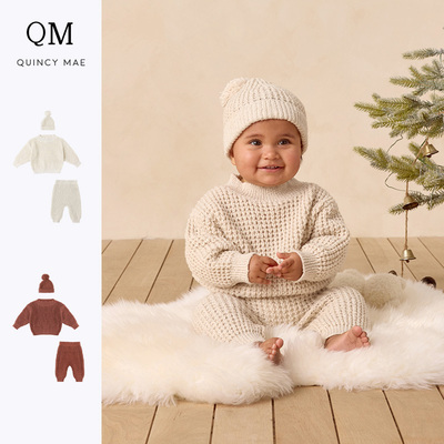 Quincy Mae童装男女宝秋冬新品粗针圆领套头长袖线衫简约舒适毛衣