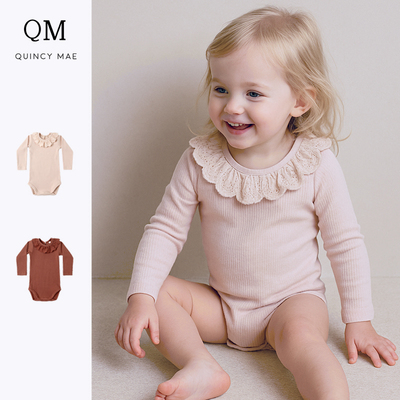 Quincy Mae婴儿包屁衣宝宝女长袖包臀衣花瓣领家居服爬爬服连体衣