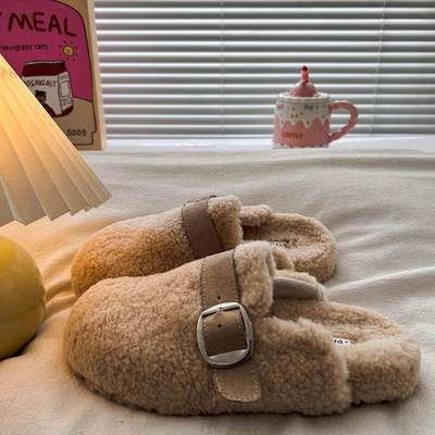 厚底网红超火毛毛拖鞋女外穿2025新款秋冬包头复古加绒勃肯棉拖鞋