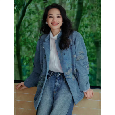 珠片绣新中式立领棉服牛仔外套女