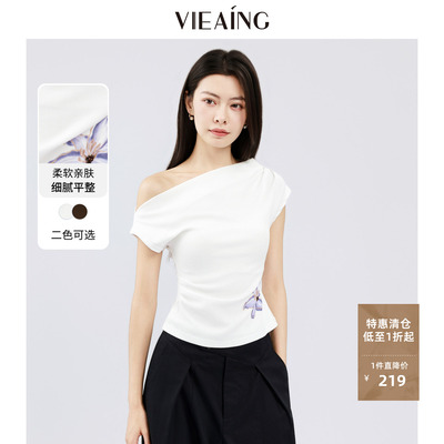 VIEA.ING薇迎商场同款斜肩衬衫女2026夏季新款衬衣褶皱设计上衣