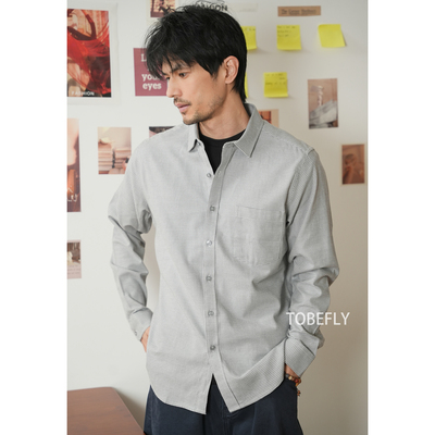 100棉复古高级灰格翻领衬衫
